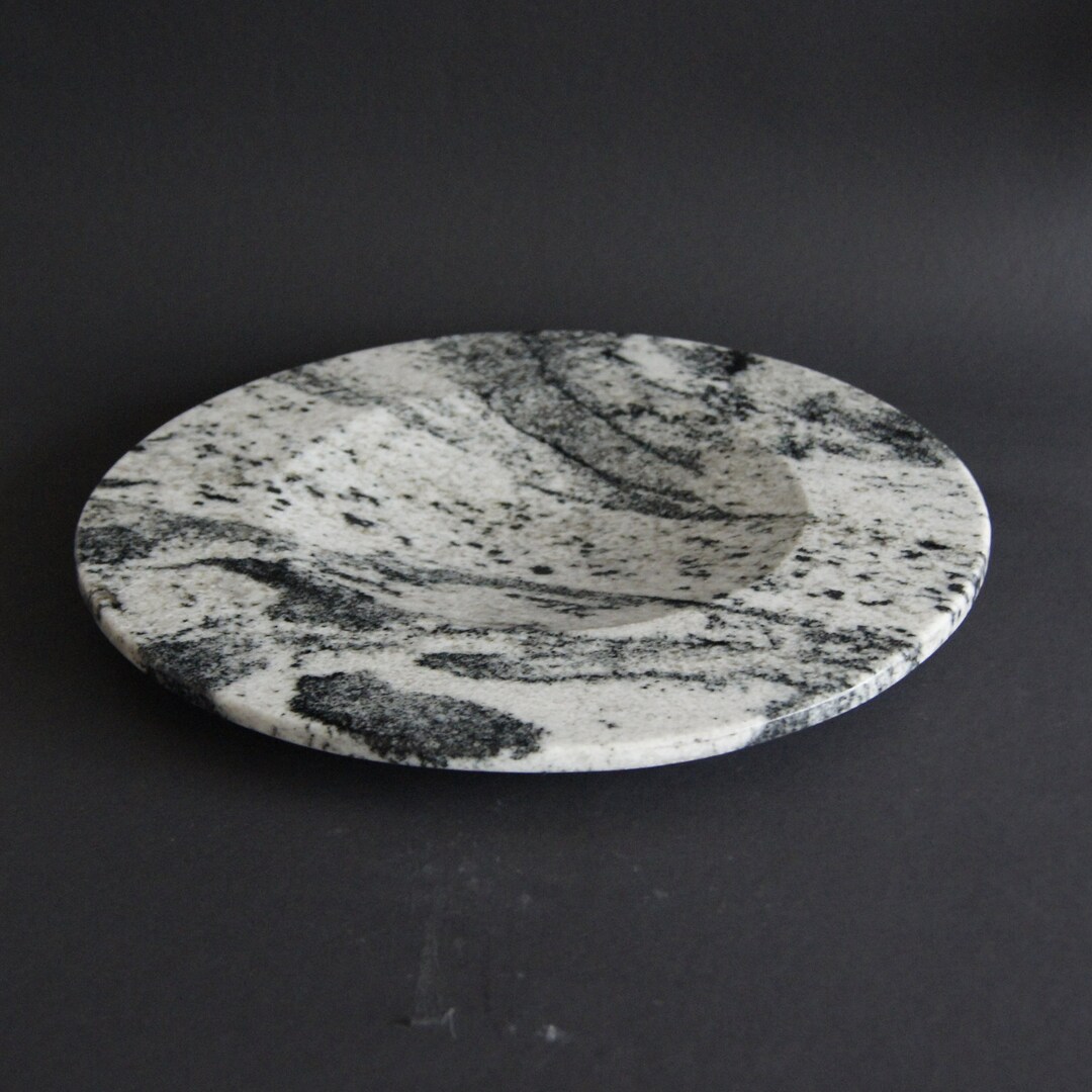 Handmade Round White Granite Stone Plate Black Patterned Serving Tray ...