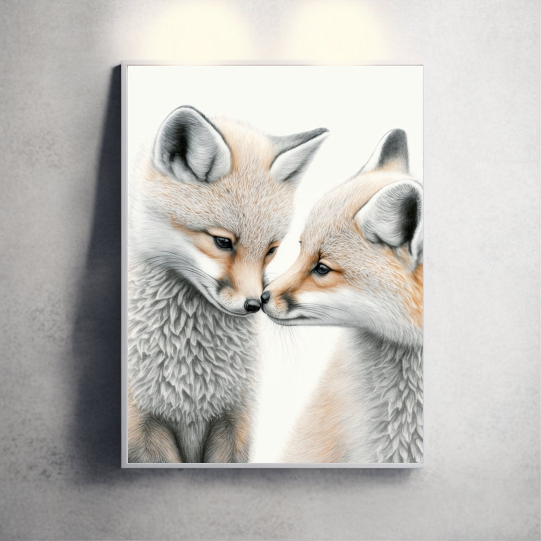 Adorable Arctic Fox Cubs Kissing Color Pencil Drawing. Printable ...