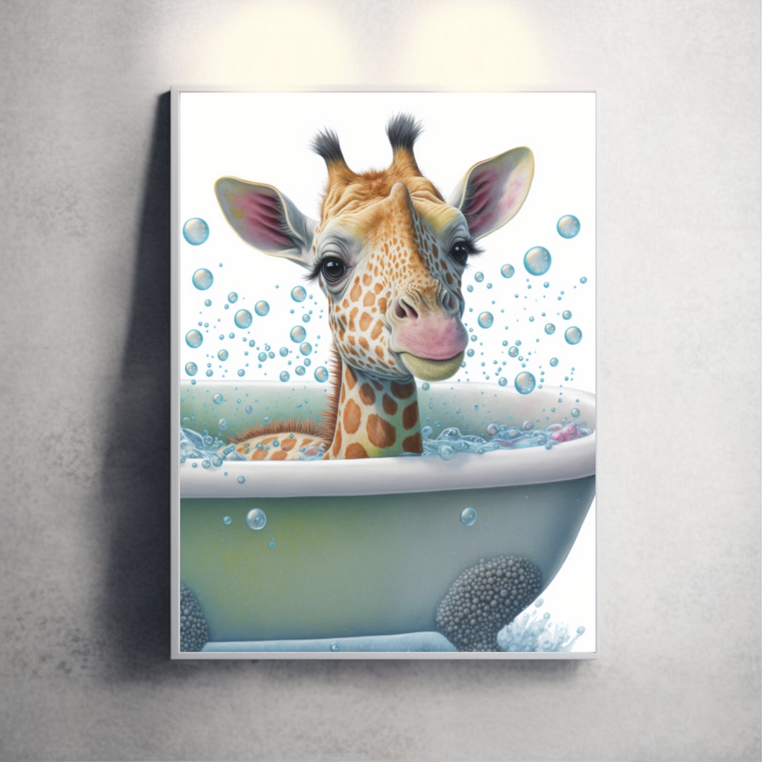 Playful Baby Giraffe Having a Bath Color Pencil Drawing. Printable ...