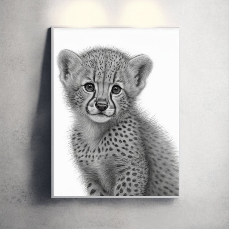 Adorable Cheetah Cub Pencil Drawing. Printable Download, Cheetah Cub ...