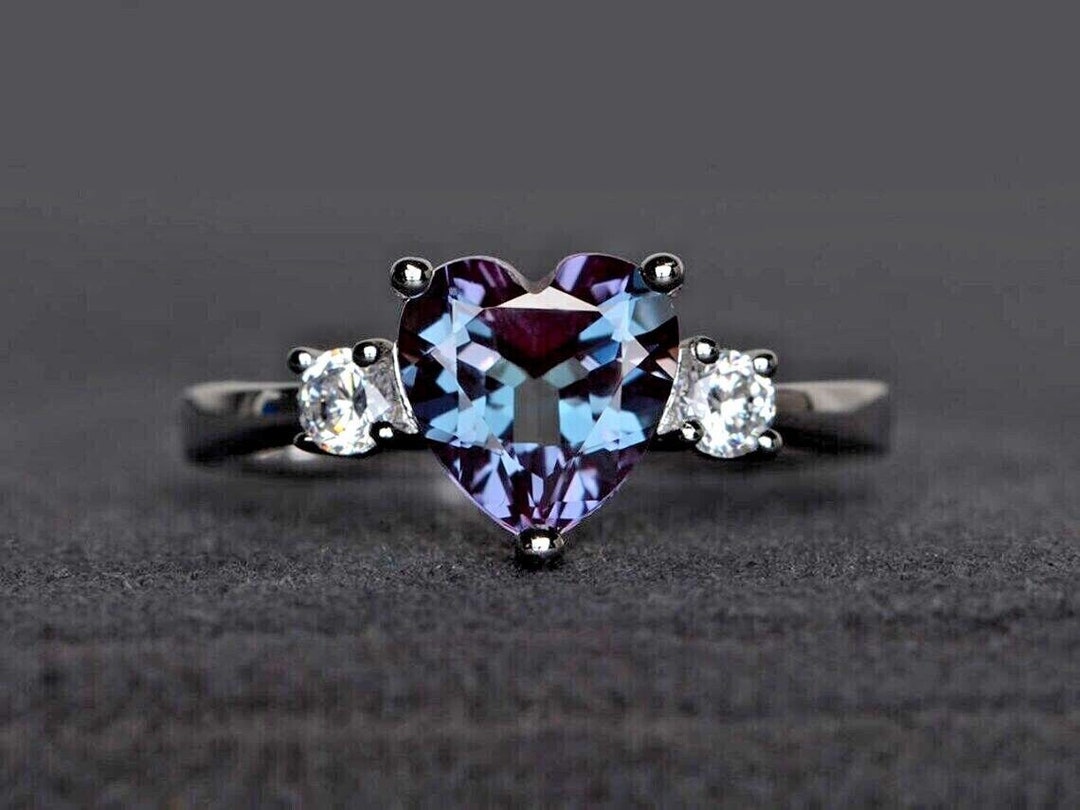 Alexandrite Heart Cut Engagement Ring, Color Changing Gemstone Ring ...