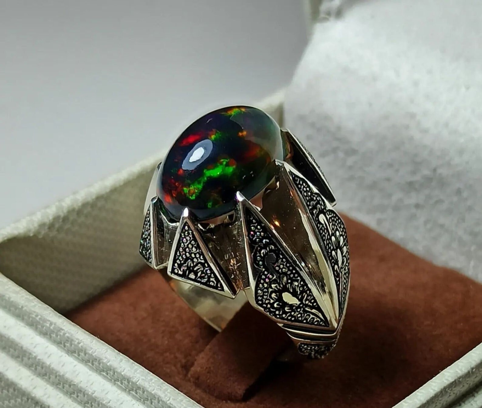 Natural Black Ethiopian Opal Men's Ring, 925 Sterling Silver Opal Men's ...