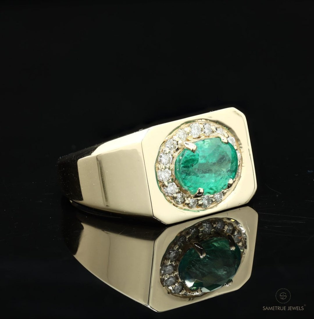 Natural Emerald Mens Ring, 14k Gold Men's Engagement Ring, Men's ...