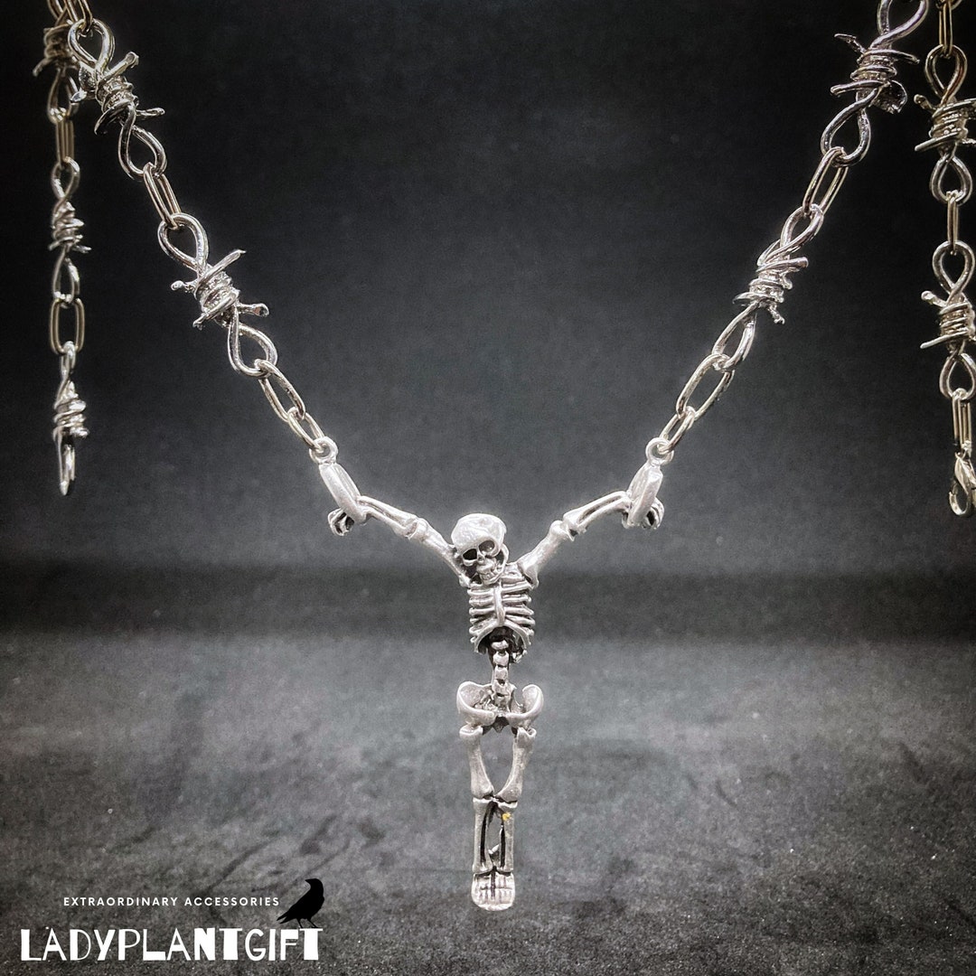 Skeleton Necklace Hanging on a Barbed Wire Chain, Barbed Wire Choker ...