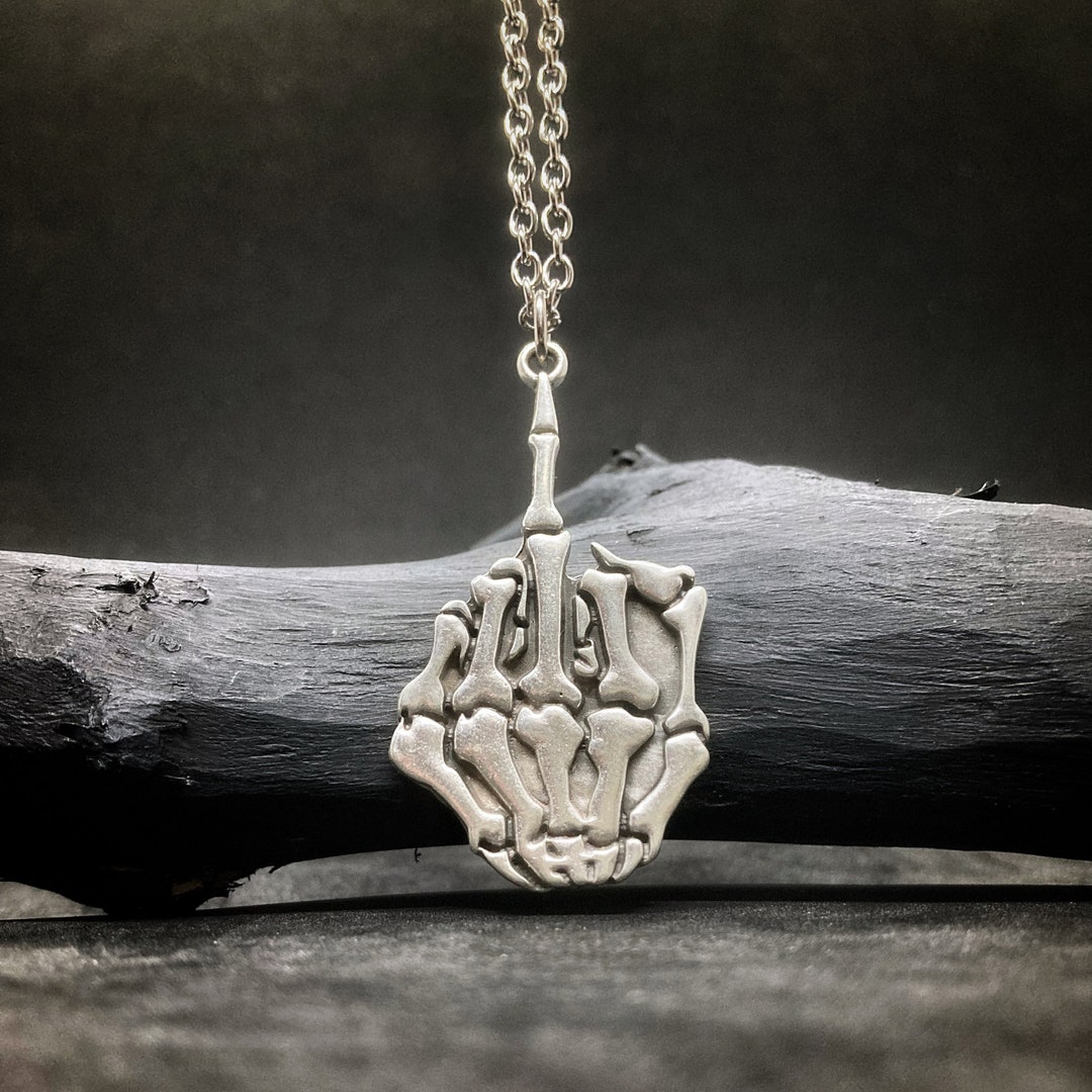 Sterling Silver Skeleton Middle Finger Necklace - Gothic Halloween ...