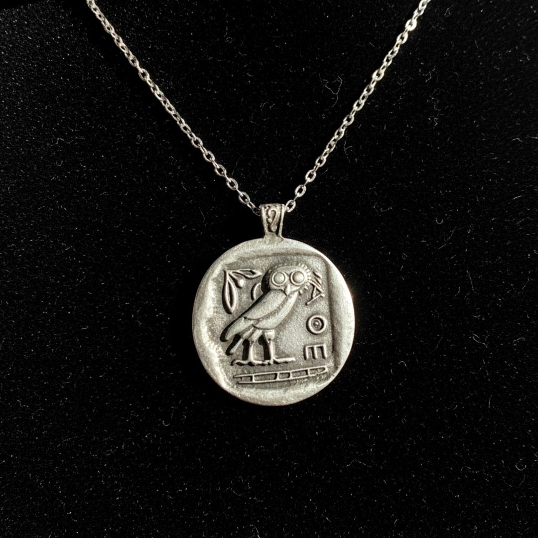 Athena Owl Necklace, Silver Plated Ancient Greek Coin Pendant, Symbol ...