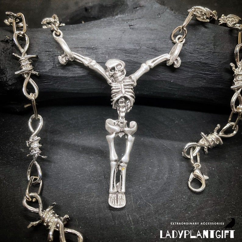 Skeleton Necklace Hanging on a Barbed Wire Chain, Barbed Wire Choker ...