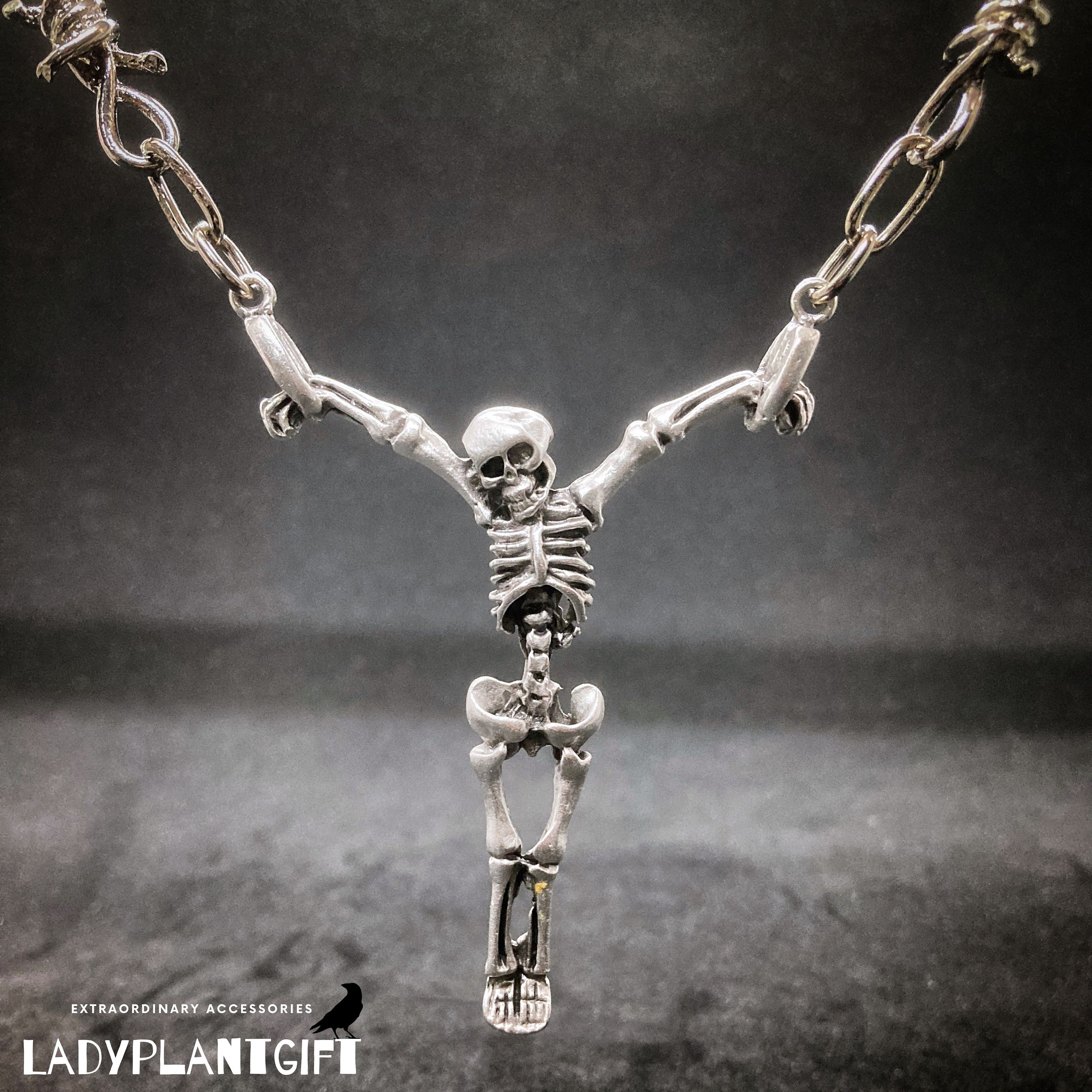 Skeleton Necklace Hanging on a Barbed Wire Chain, Barbed Wire Choker ...