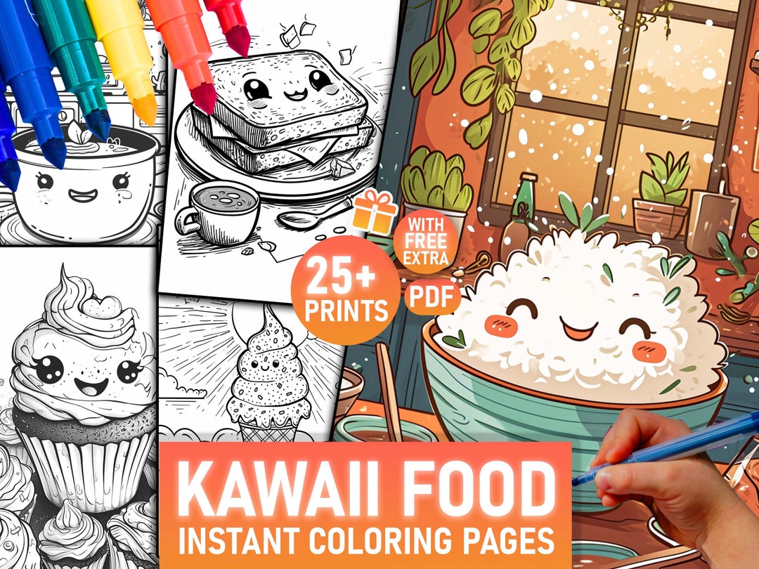 25 Kawaii Food Coloring Pages for Kids, Cute Printables Snacks, Anime ...