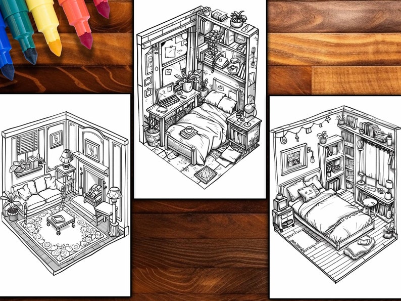 68 Isometric Room Coloring Pages for Adults, Home, Kids Coloring Book ...