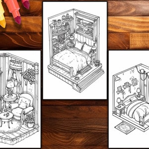 125 House Coloring Pages, Isometric Room, Home, Adult Coloring Book ...
