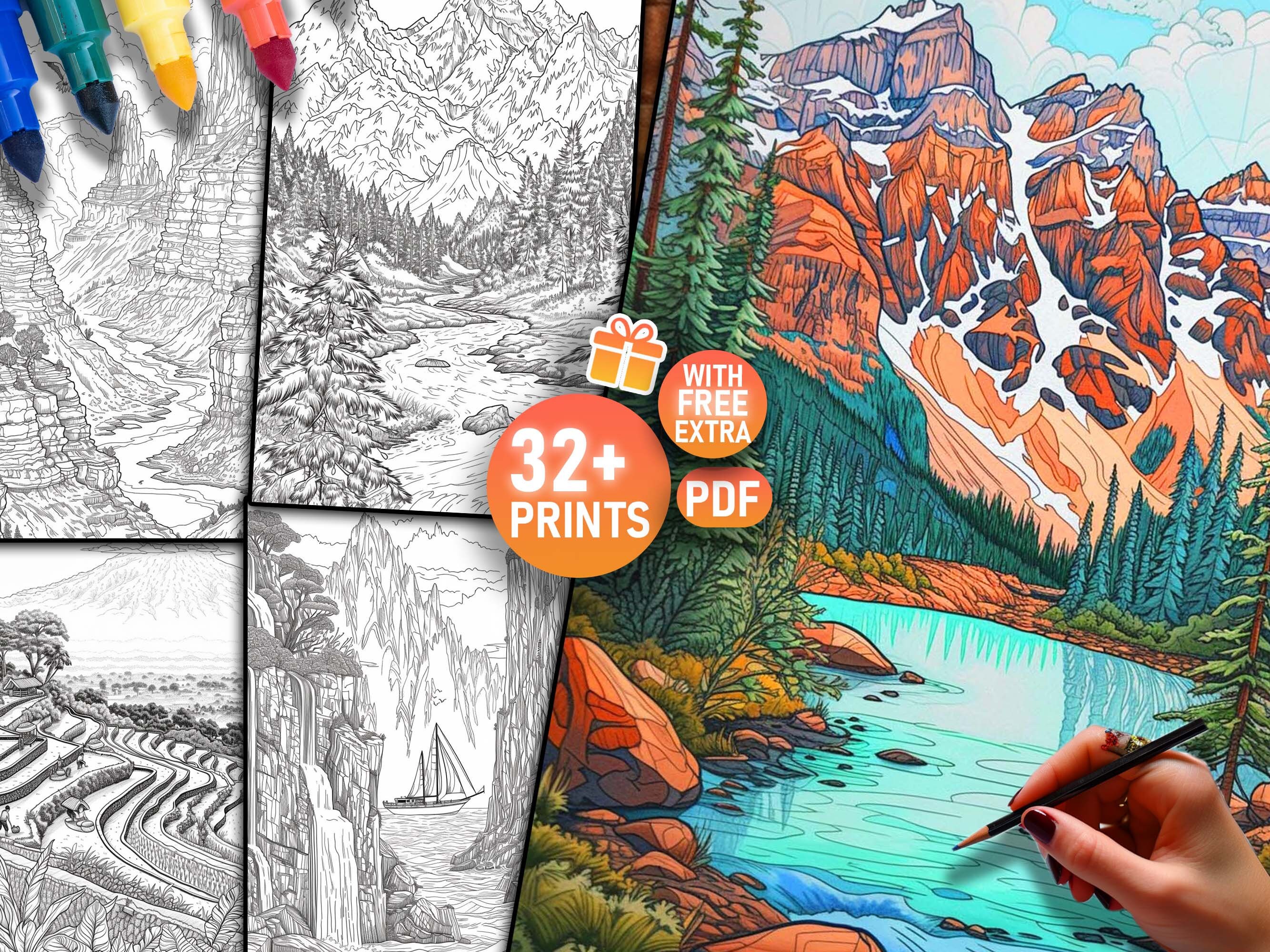 Landscape Coloring Pages, Coloring Sheets, Nature Coloring Book, Scenic ...