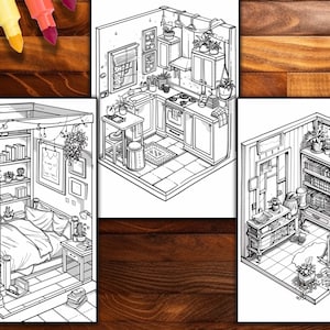 125+ House Coloring Pages, Isometric Room, Home, Adult Coloring Book ...