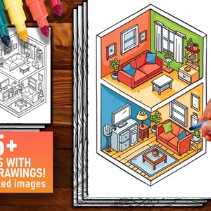 125+ House Coloring Pages, Isometric Room, Home, Adult Coloring Book ...