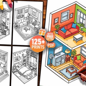 125+ House Coloring Pages, Isometric Room, Home, Adult Coloring Book ...