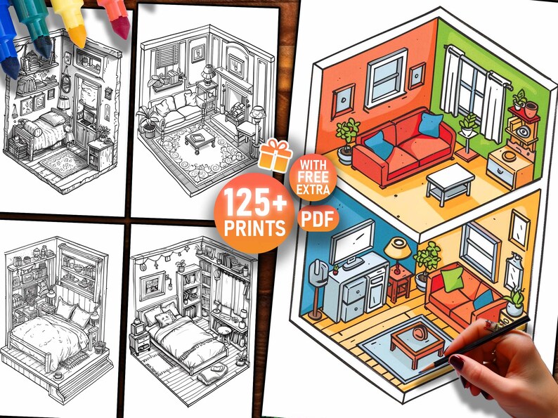 125 House Coloring Pages, Isometric Room, Home, Adult Coloring Book ...