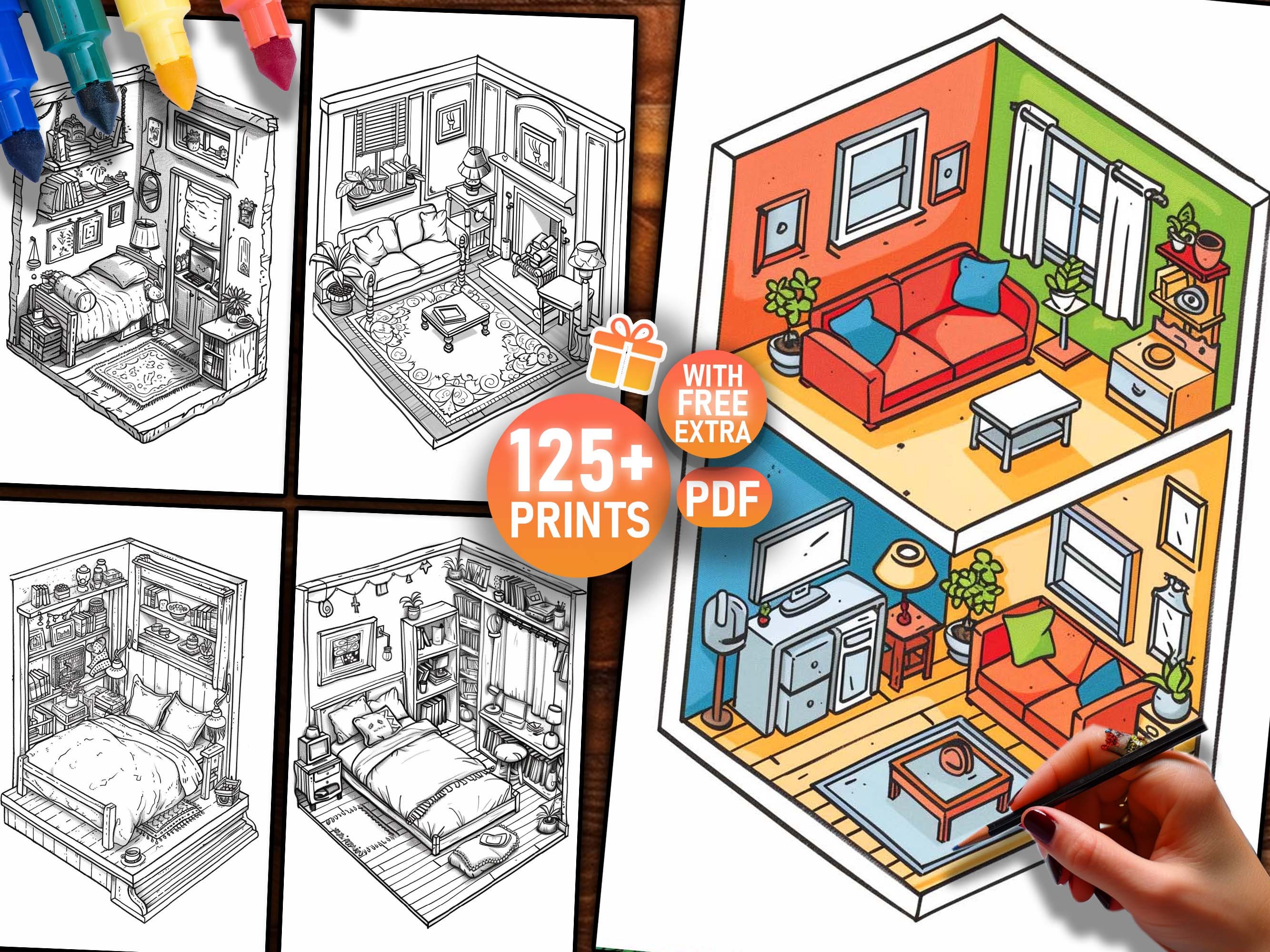 125 House Coloring Pages, Isometric Room, Home, Adult Coloring Book ...
