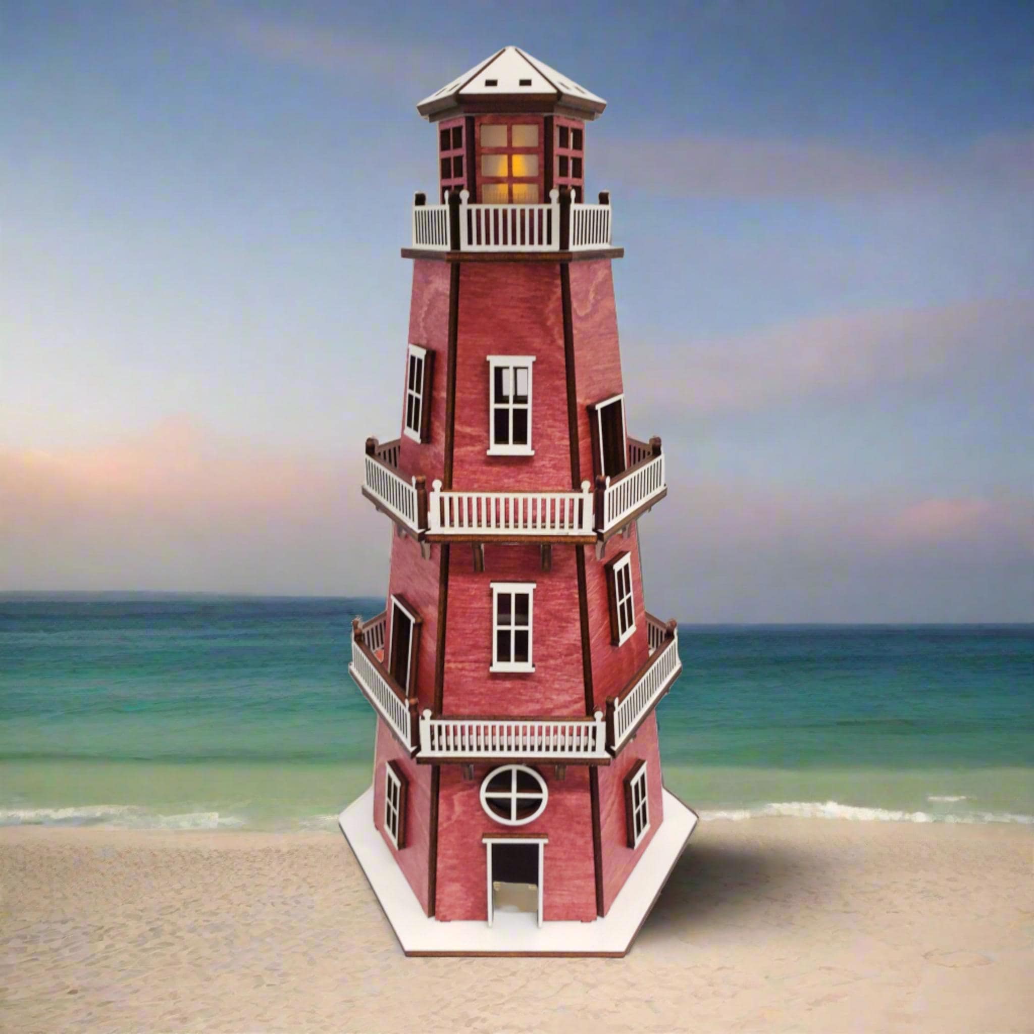 Lighthouse W/led Beacon Light Premium Finish - Barn Red W/ White Trim ...