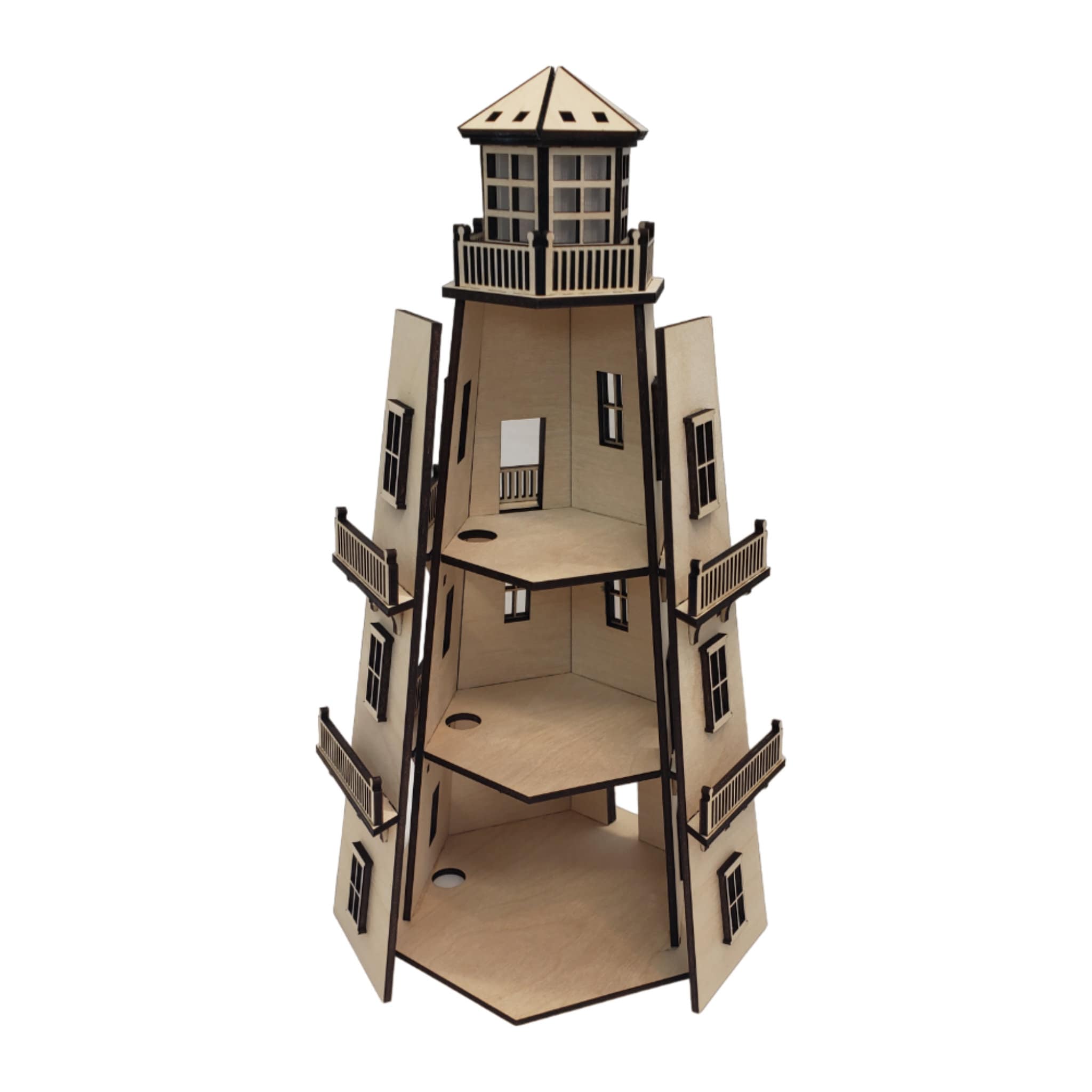 Dollhouse Lighthouse (11") W/led Beacon Light - Natural Wood Finish - 2 ...