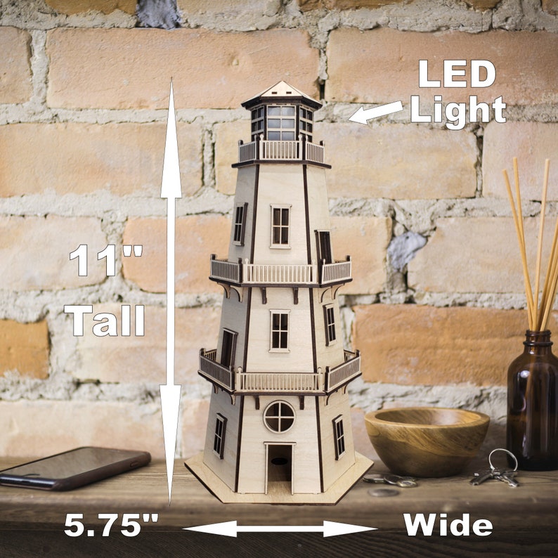 Dollhouse Lighthouse (11") W/led Beacon Light - Natural Wood Finish - 2 ...
