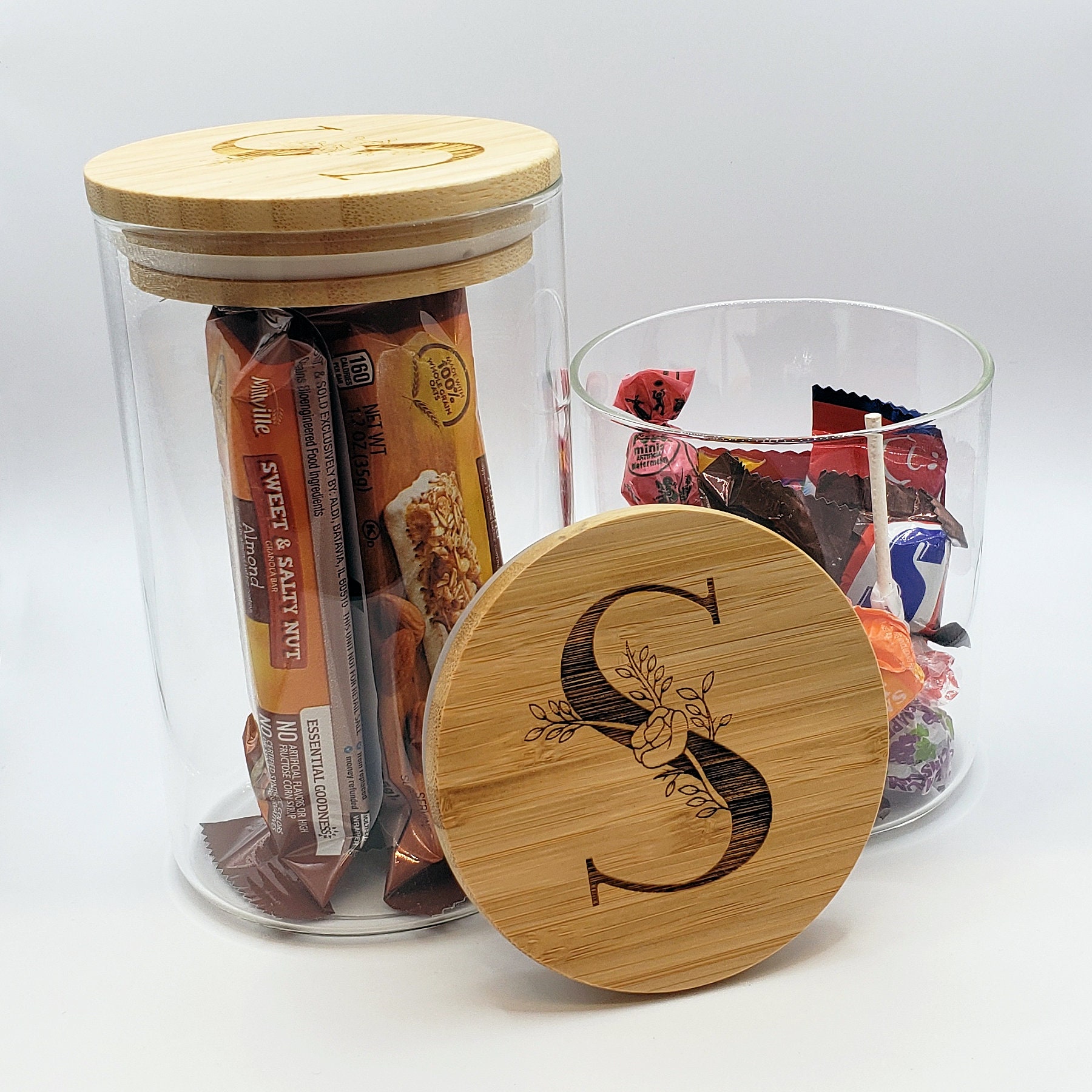 Engraved Monogram Bamboo and Glass Canister Set - Personalized ...