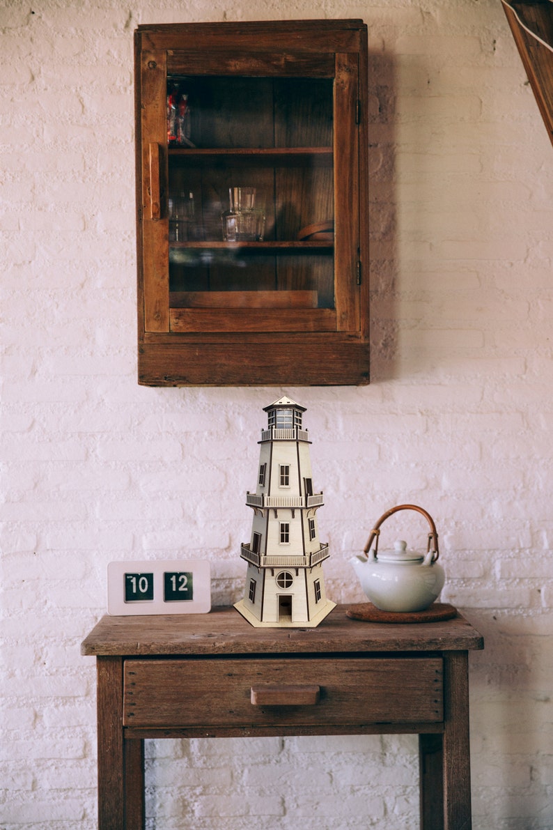 Dollhouse Lighthouse (11") W/led Beacon Light - Natural Wood Finish - 2 ...