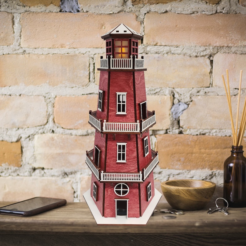 Lighthouse W/led Beacon Light Premium Finish - Barn Red W/ White Trim ...