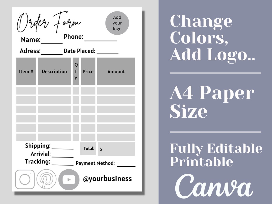 Editable Order Form Template, Printable Shirt Order Form, Editable ...