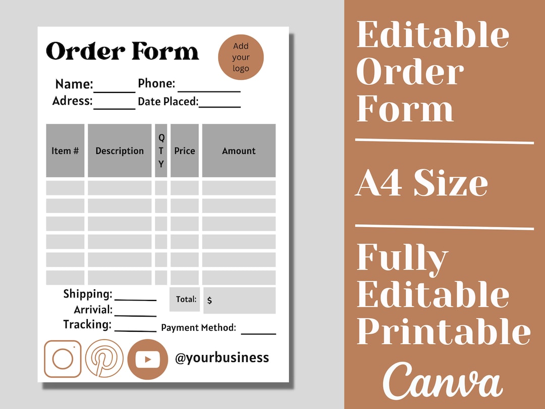 Editable Order Form Template,printable Shirt Order Form,editable Small ...