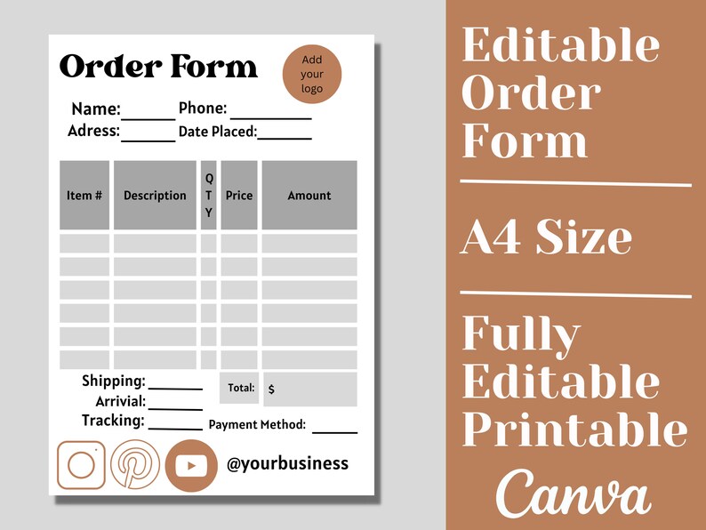 Editable Order Form Template,printable Shirt Order Form,editable Small ...