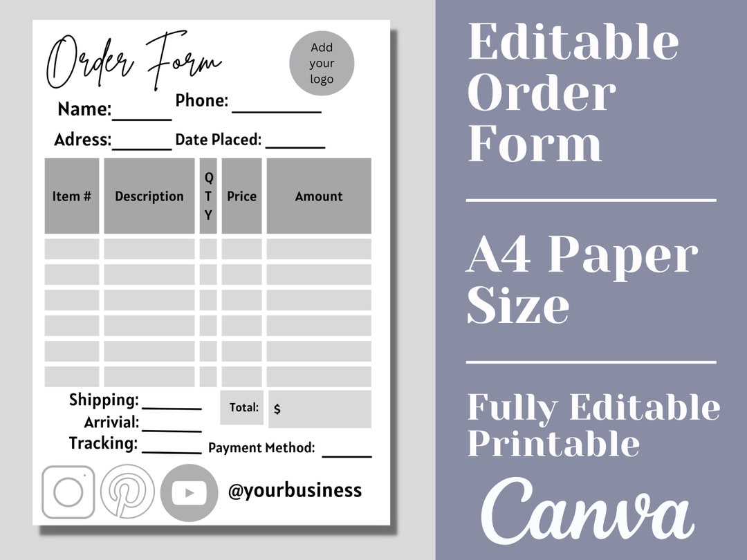 Editable Order Form Template, Printable Shirt Order Form, Editable ...