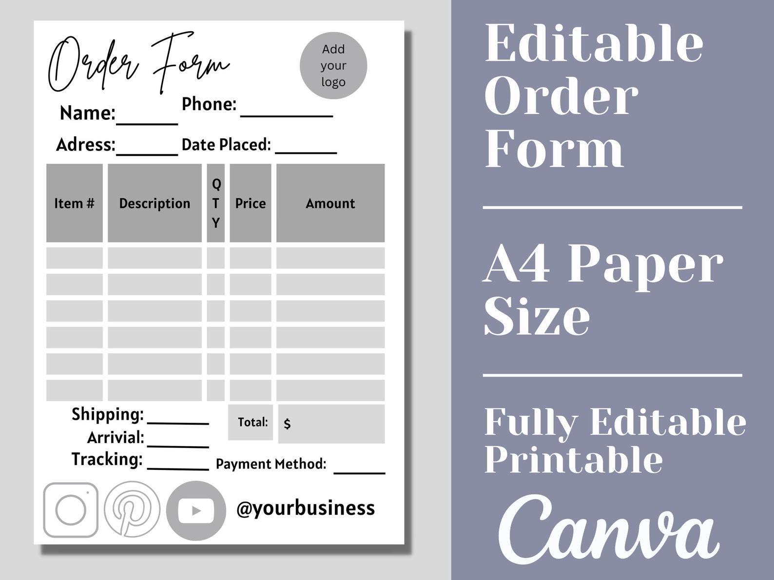 Editable Order Form Template, Printable Shirt Order Form, Editable ...