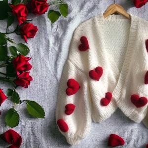 3D Red Heart Handmade Cardigan for Women, Valentine's Day Cardigan ...