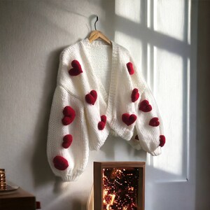 3D Red Heart Handmade Cardigan for Women, Valentine's Day Cardigan ...