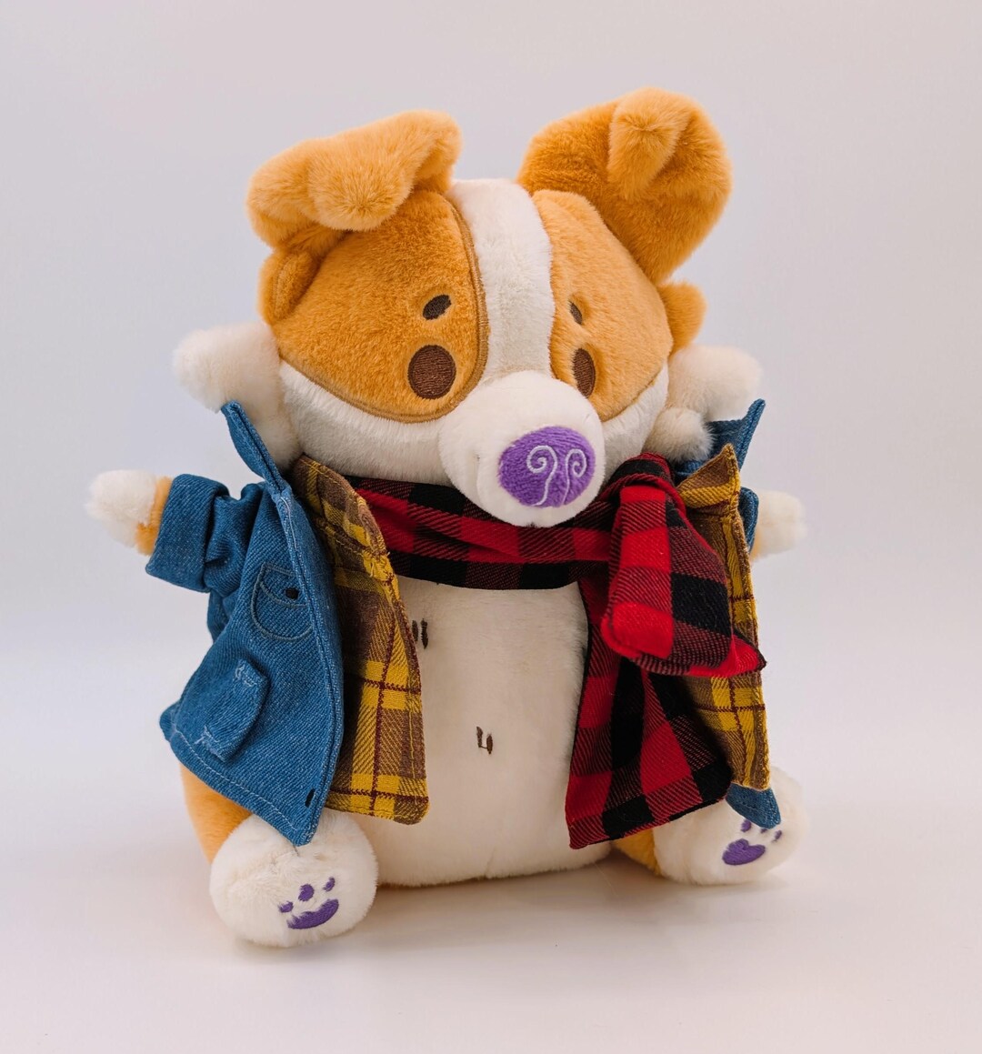 Sunny Pup Plush: Red Border Collie, Plaid Scarf & Denim Jacket - Etsy