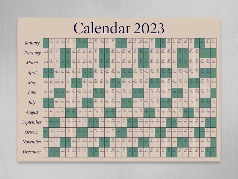 2023 Yearly Calendar Fully Complete Tan, Green, Blue, Blank Planner ...