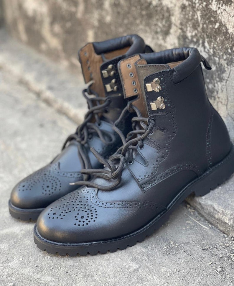 Scottish Handmade Black Ghillie Brogue Kilt Boots Rubber Sole Kilt Boots Real Leather Boots - Etsy