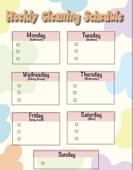 Editable Weekly Cleaning Schedule - Etsy