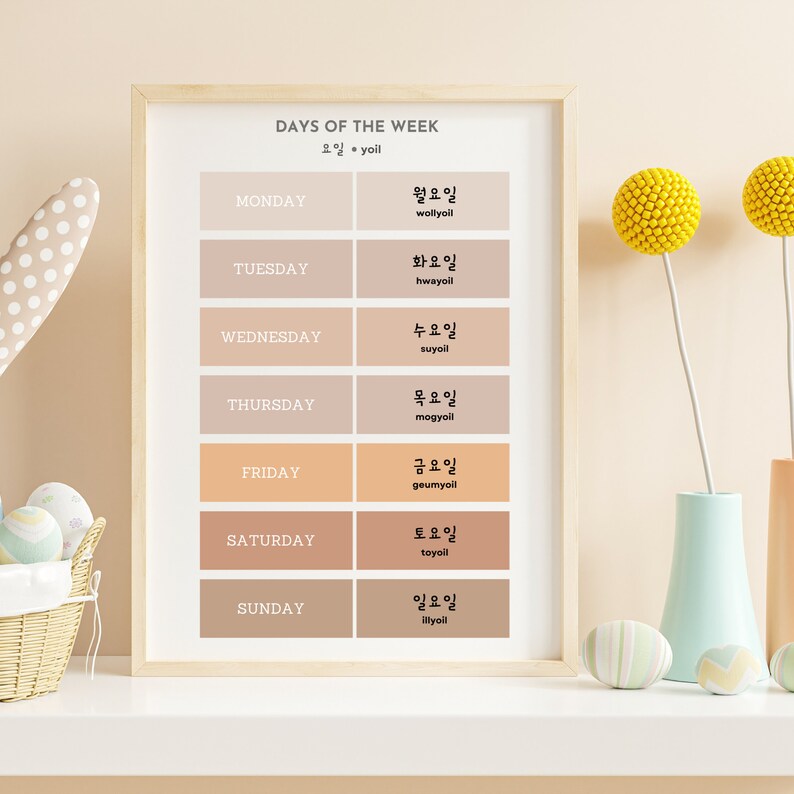 3 Printable Bilingual Korean Educational Posters, Days of the Week ...