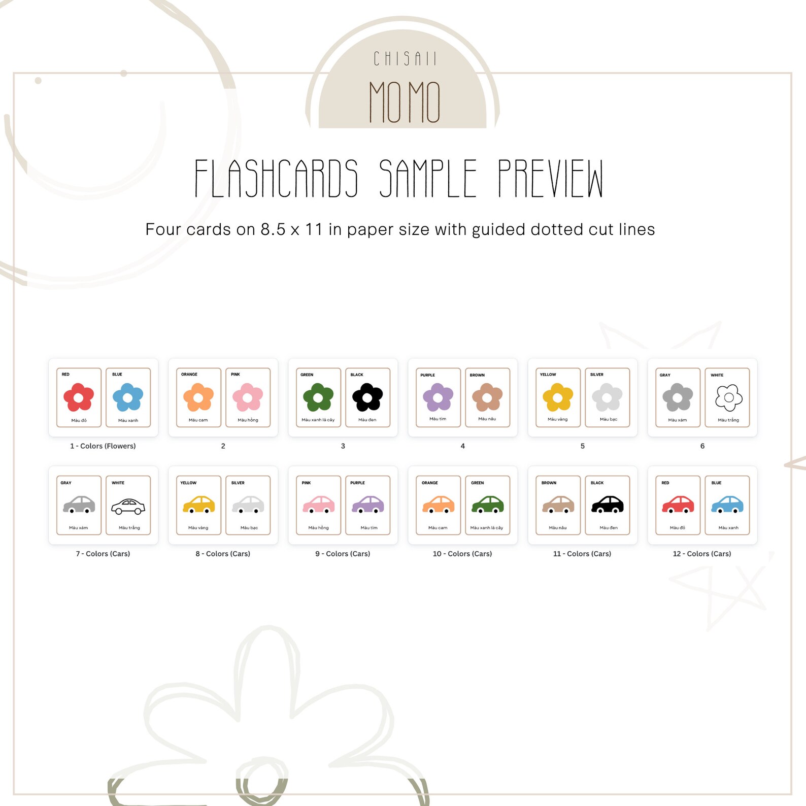 Printable Vietnamese Color Flashcards Set, Cars & Flowers Design ...