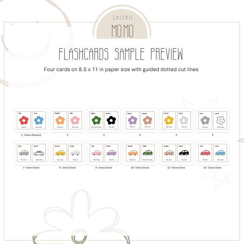 Printable Vietnamese Color Flashcards Set, Cars & Flowers Design ...