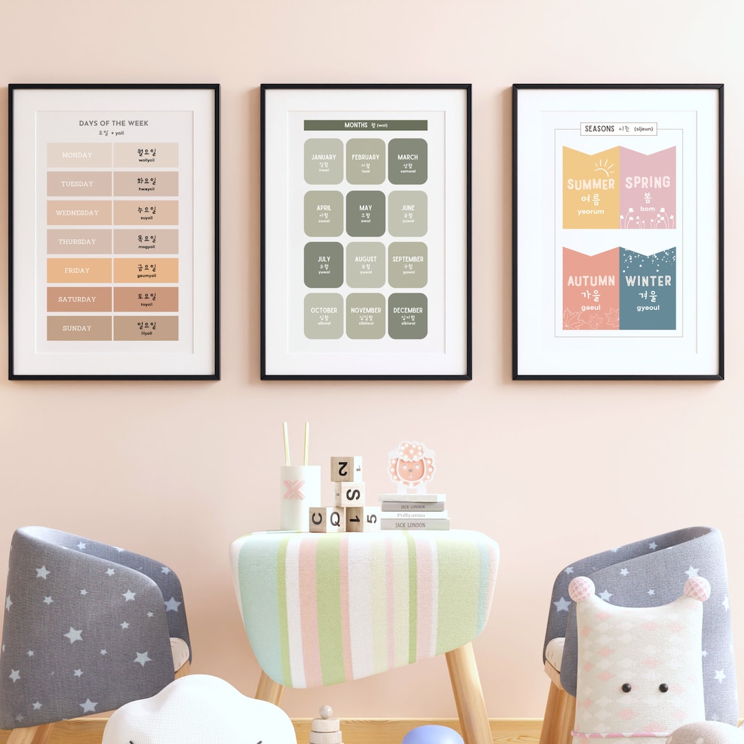 3 Printable Bilingual Korean Educational Posters, Days of the Week ...
