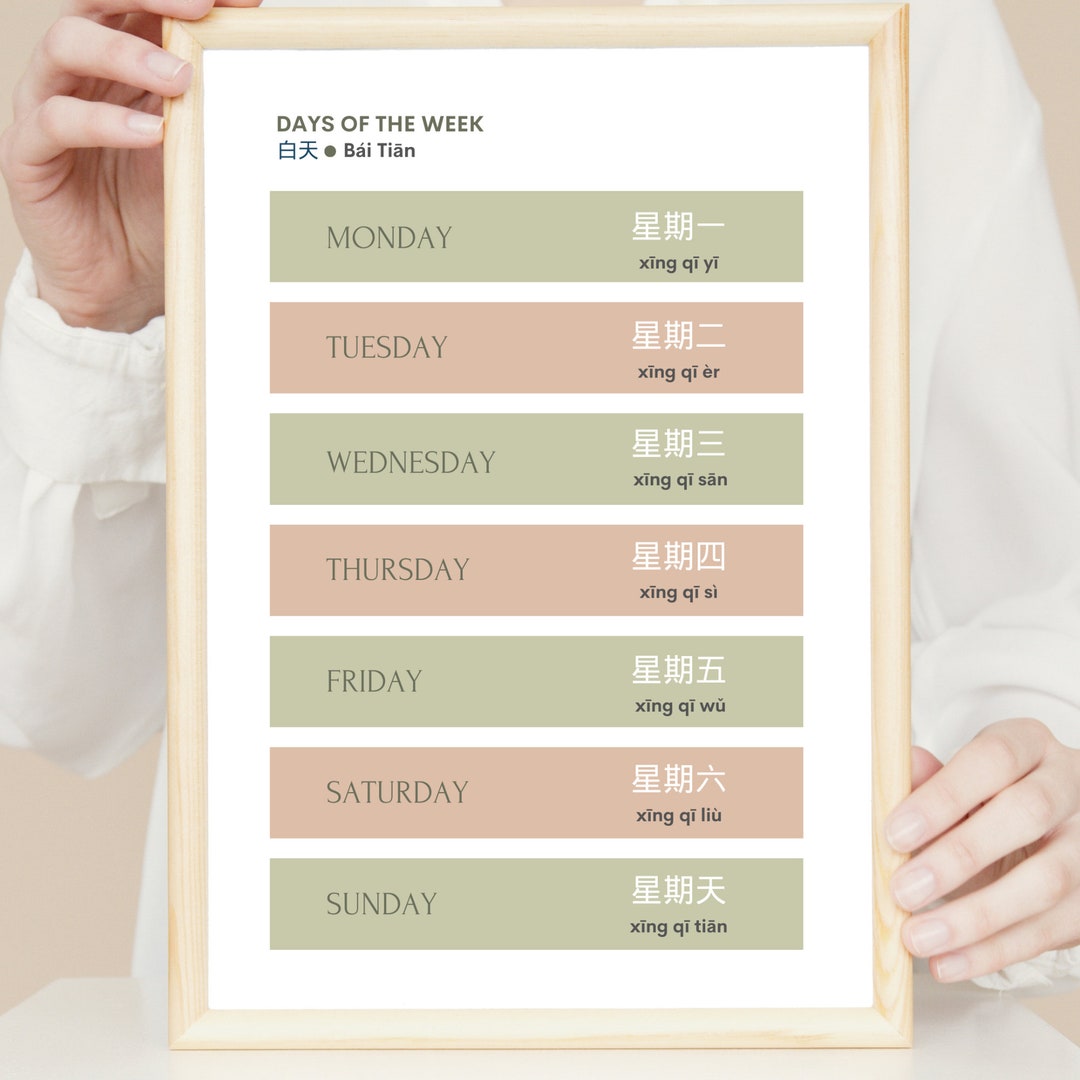Days of the Week [green] Printable Bilingual Chinese Poster, Montessori ...