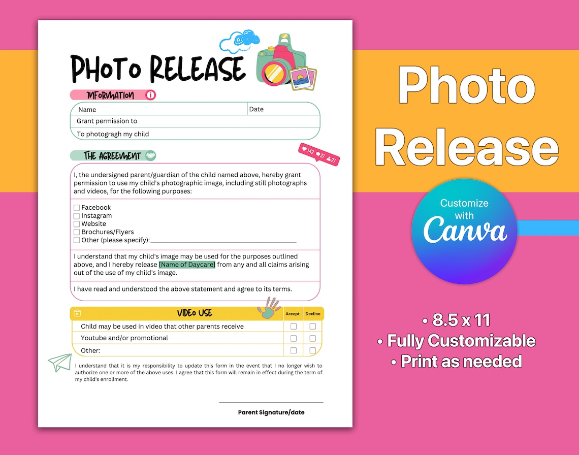 Photo Release Form for Daycare, Preschool, and More - Etsy