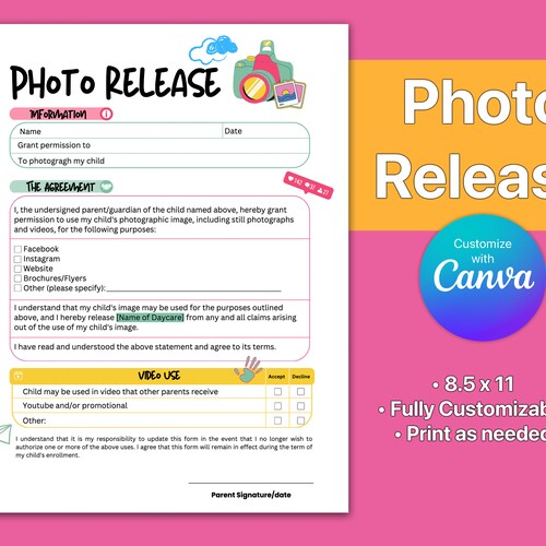 Photo Release Form for Daycare Preschool and More - Etsy