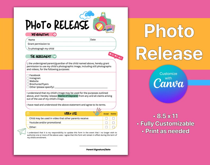 Photo Release Form for Daycare, Preschool, and More - Etsy