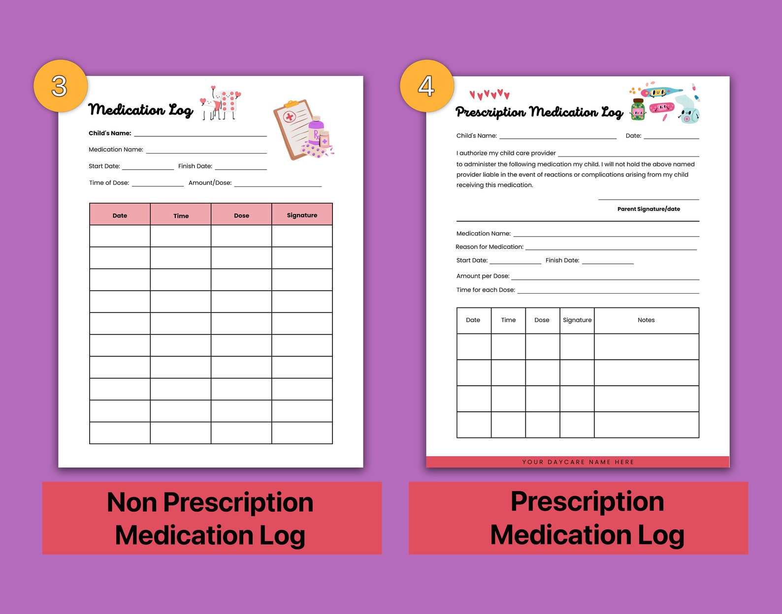 Daycare Medication Forms: Medication Authorization Form, Medication Log ...