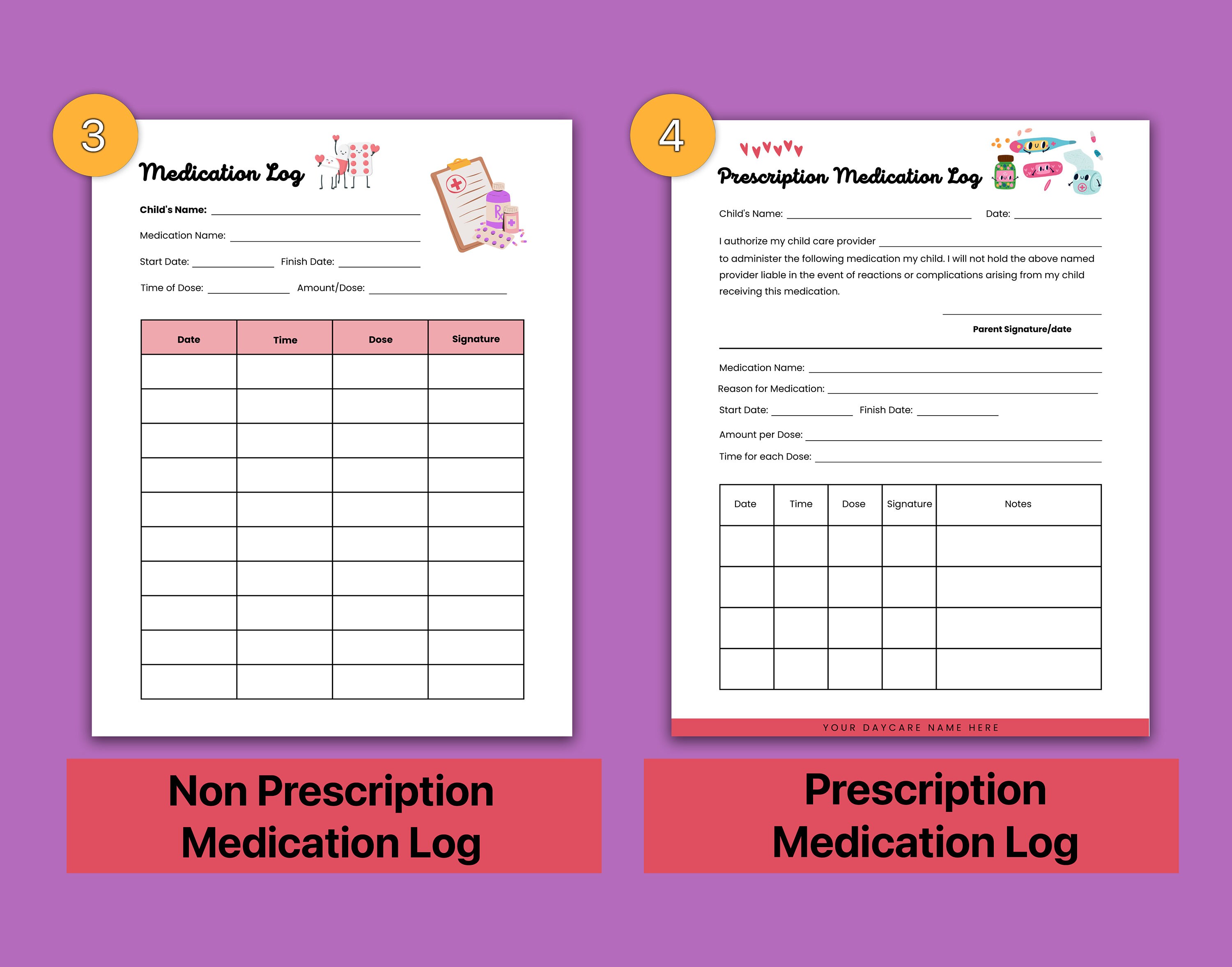 Daycare Medication Forms: Medication Authorization Form, Medication Log ...