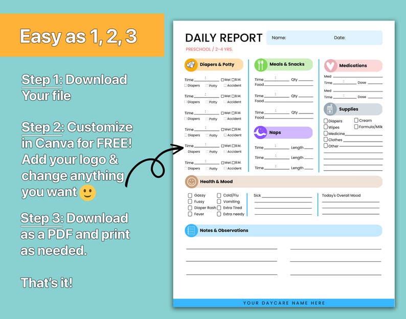 Daily Report Forms for Daycare, Teachers, Childcare Professionals and ...