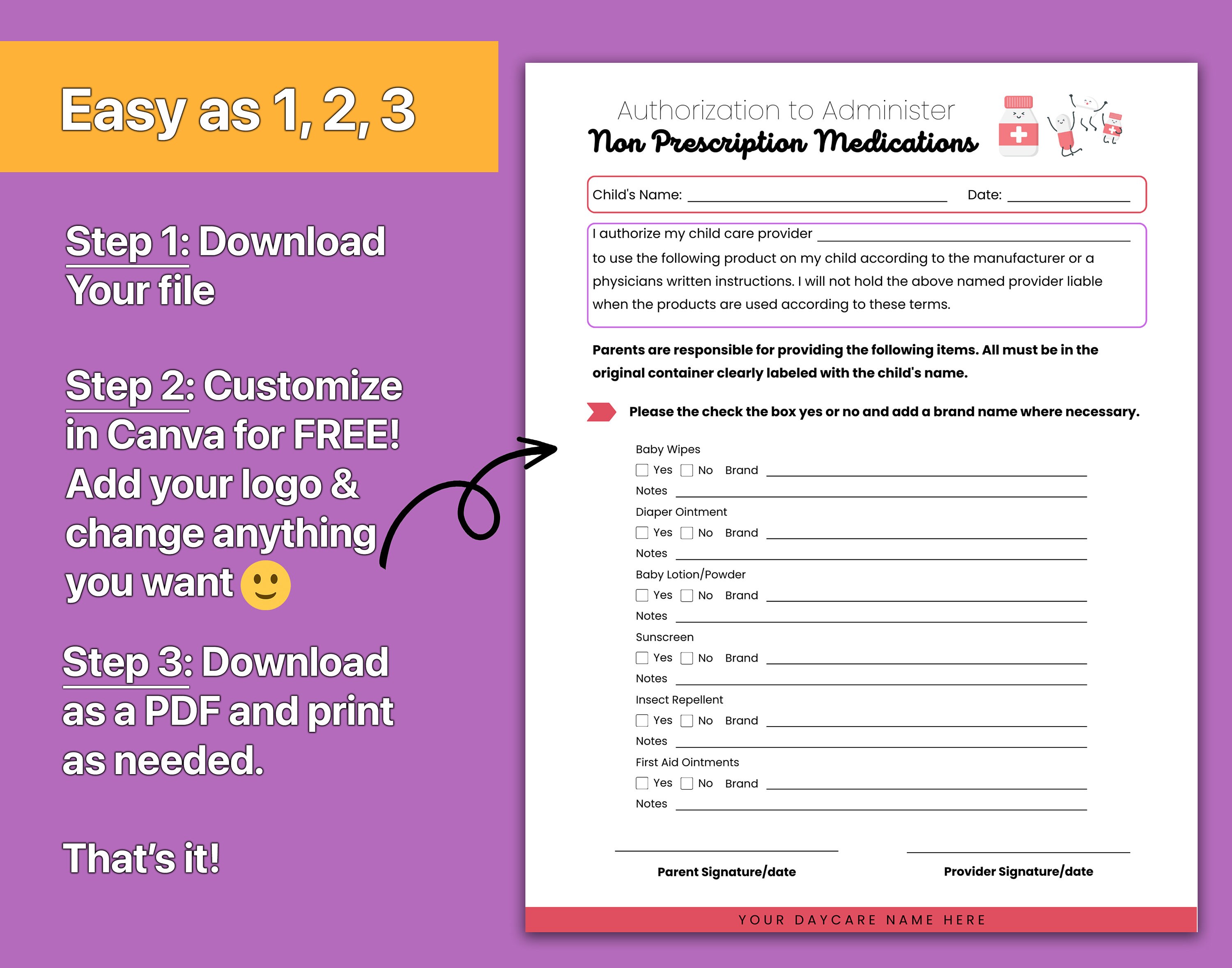 Daycare Medication Forms: Medication Authorization Form, Medication Log ...
